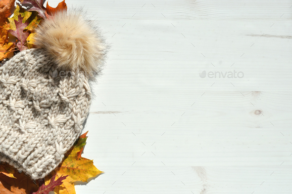 Tan knit cap stocking hat on autumn leaves fall foliage down side of ...