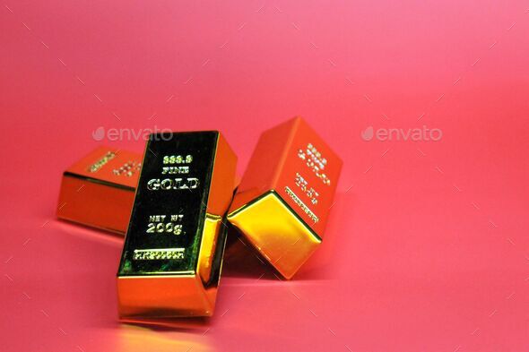 three 200 grams gold bars with a red background. Business Concept Stock ...