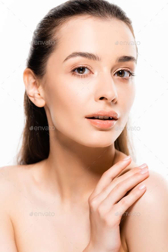 beautiful young naked woman with perfect skin looking at camera isolated on white Stock Photo by ...