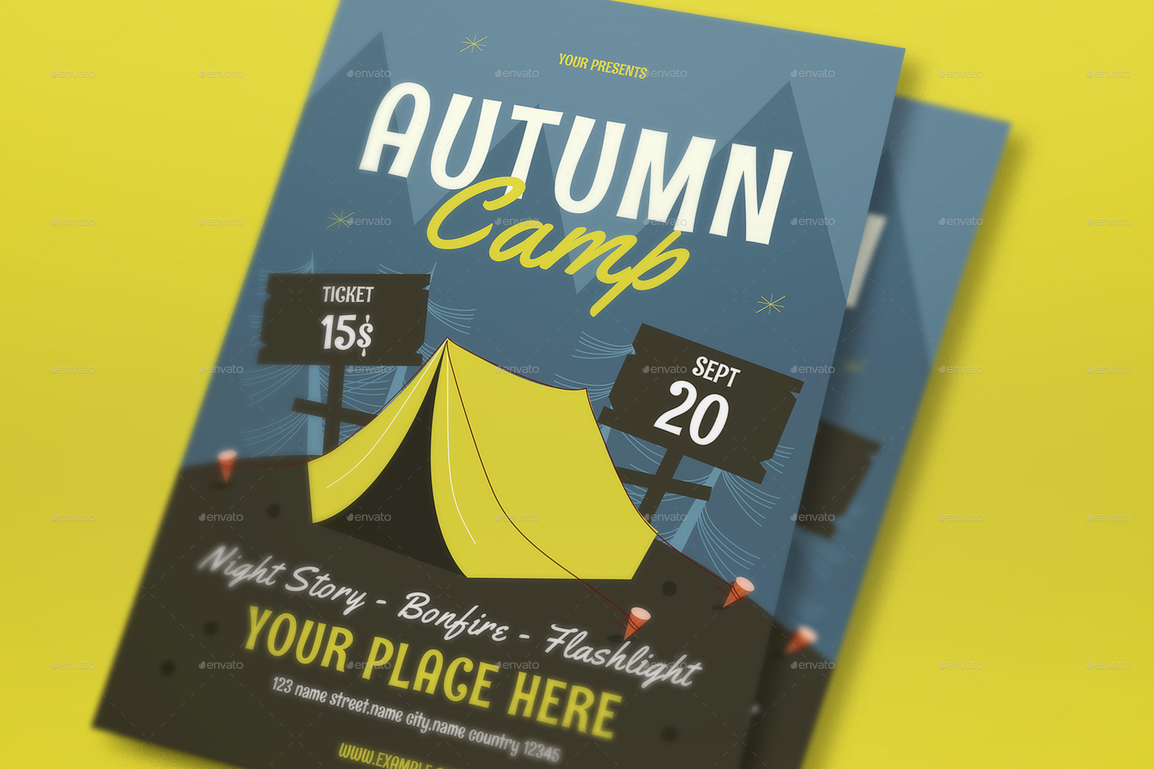 Green Mid Century Autumn Camp Flyer Set, Print Templates | GraphicRiver