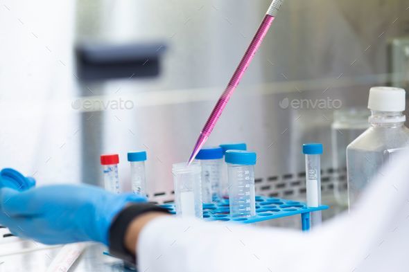 Process of research and chemical experiments with vials and ampules in ...