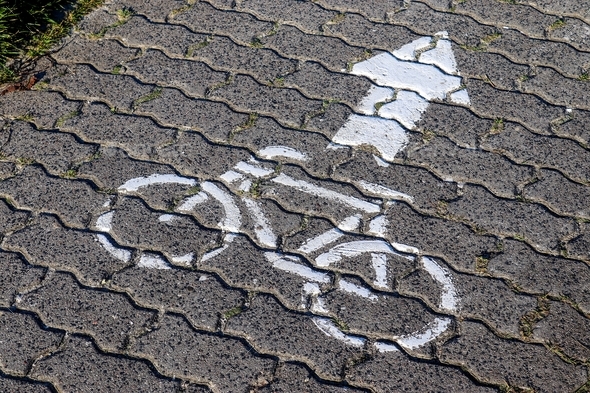 Bicycle sign with an arrow which shows the direction painted on the ...