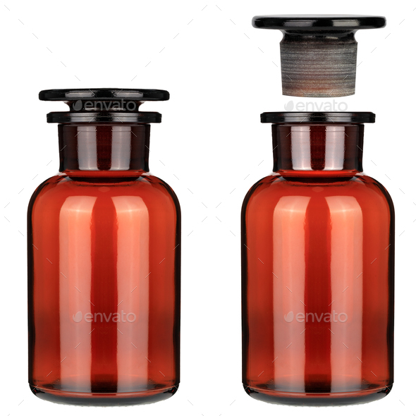 Vintage chemical classic glass bottles on white background. Old ...