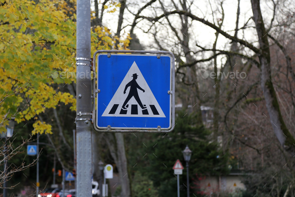 Blue road crossing sign on a pipe surrounded by trees with a blurry ...
