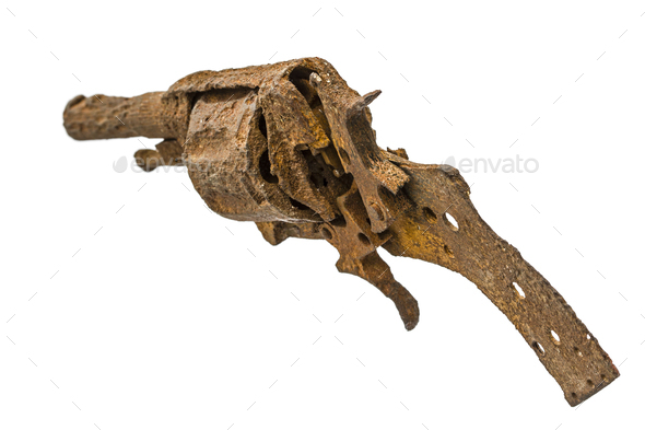 Old rusty pistol, Isolated on white background Stock Photo by kostiuchenko