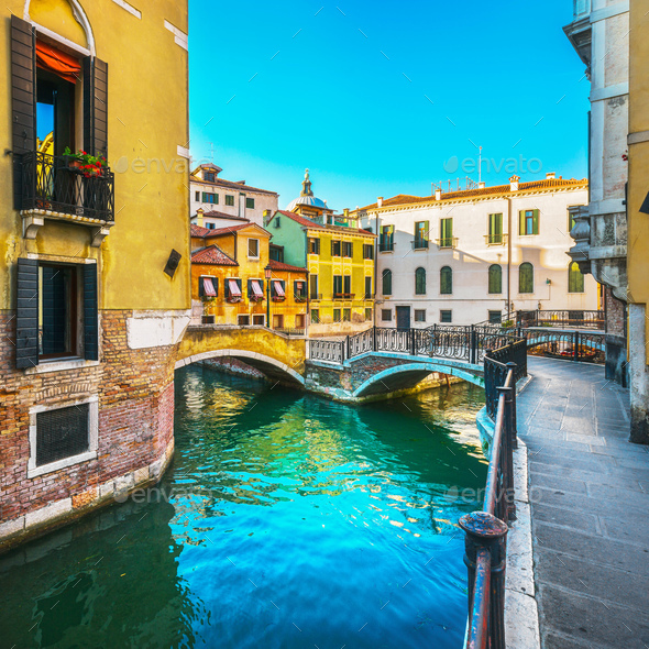 Venice cityscape, buildings, water canal and double bridge. Italy Stock ...