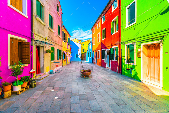 Venice landmark, Burano island square and colorful houses, Italy Stock ...