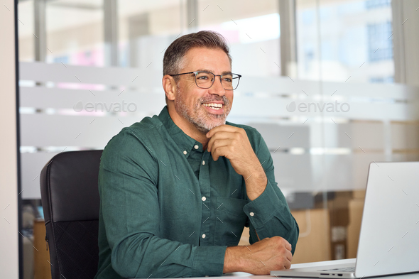 Happy Indian older business man sitting at work desk in office with laptop. Stock Photo by insta ...
