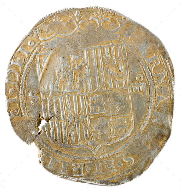 Ancient Spanish silver coin of the Kings Fernando e Isabel isolated on ...