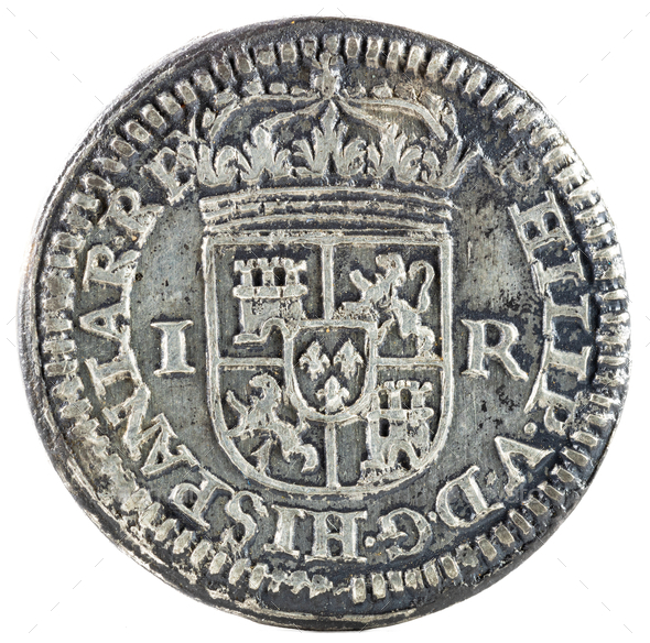 Ancient Spanish silver coin of King Felipe V isolated on white ...