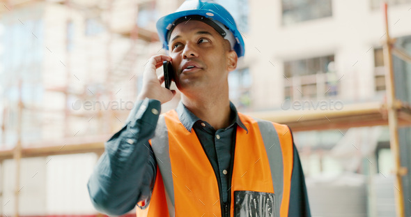 Phone call, construction site and engineer man talking for architecture ...