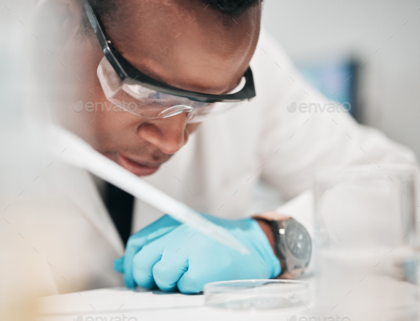 Scientist, black man and pipette for medical science research, medicine ...