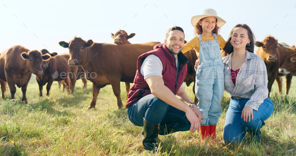 Farm, portrait and family bonding in nature, looking at animals and ...