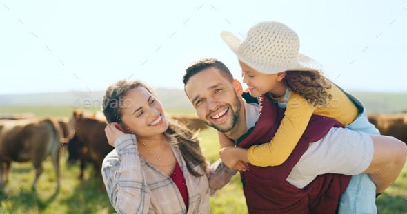 Farm, cattle and portrait of farmer family standing in agriculture ...