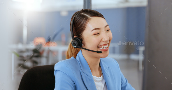 Call center, customer support and Asian woman with smile talking ...