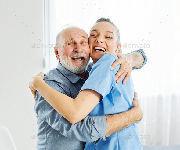 nurse doctor senior care hug hugging bonding embracing friend patient ...