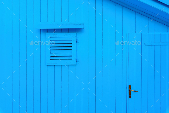 Blue wooden cabin front face with window and door Stock Photo by ...
