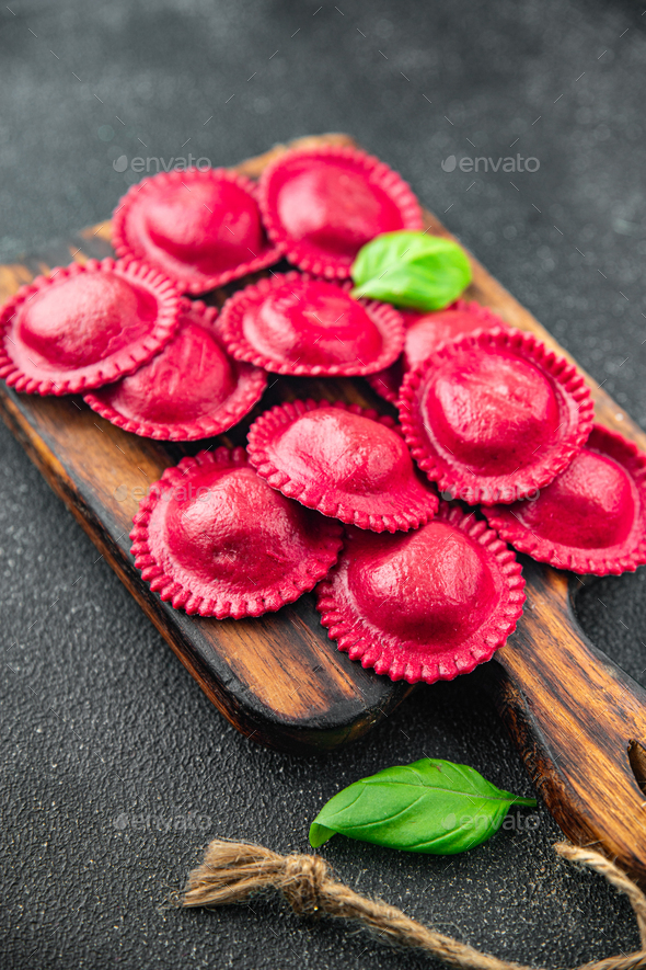 ravioli red color beet dye radicchio and meat filling smoked ham ...