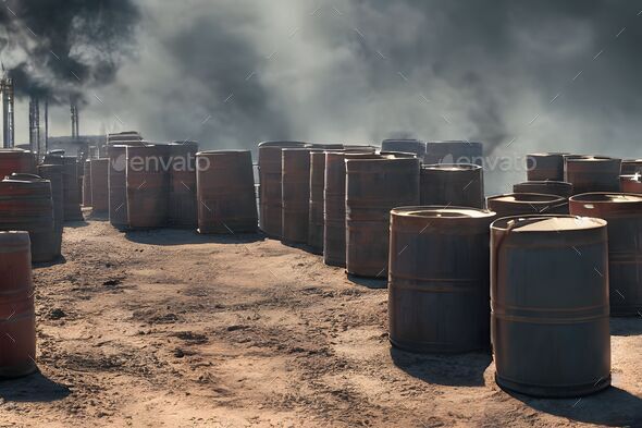 Closeup of metal barrels with chemical waste in the form of fog ...