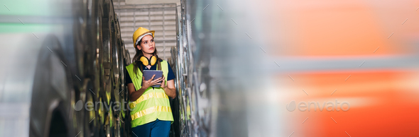 Industrial worker inspecting and check up machine at factory machines ...