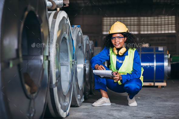 Portrait of industrial worker inspecting and check up machine at ...