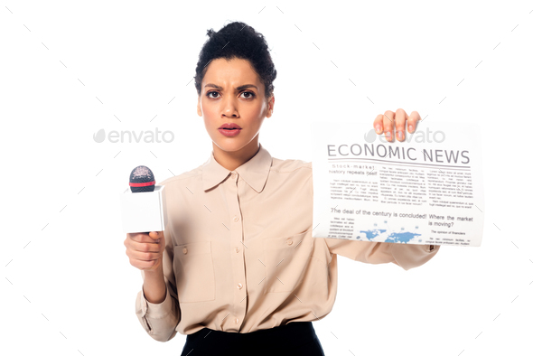 Front view of worried african american journalist showing newspaper ...