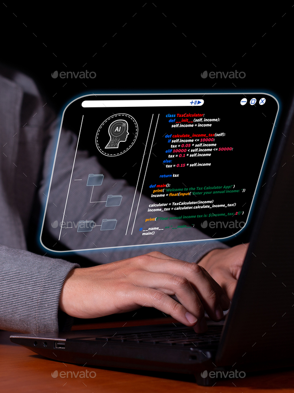 Vertical Photo of a Computer programmer who programs with the help of new artificial ...