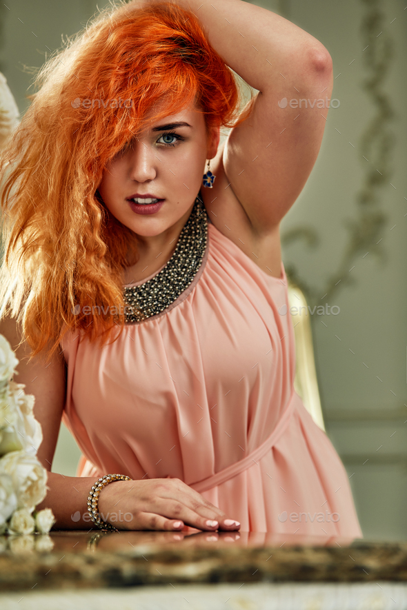 Plus size fashion model, fat woman on luxury interior, overweight ...