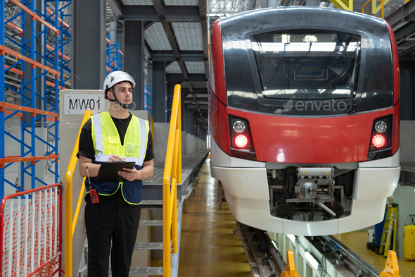 Portrait of Engineer train Inspect the Railway Electrification System ...