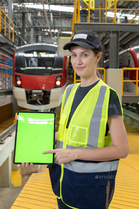 Portrait of Engineer train Inspect the Railway Electrification System ...