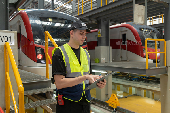 Portrait of Engineer train Inspect the Railway Electrification System ...