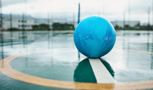 Netball, wet ground and outdoor on sport, training and school court for ...