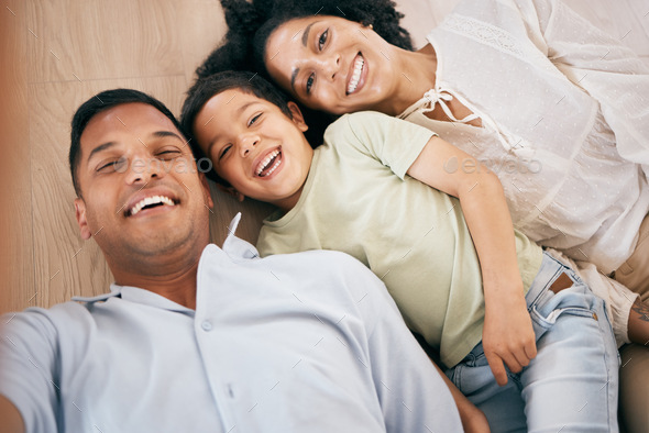 Family, selfie and profile picture of child and parents together in ...
