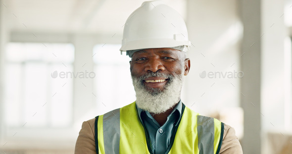 Senior black man, architect and portrait smile for construction or ...