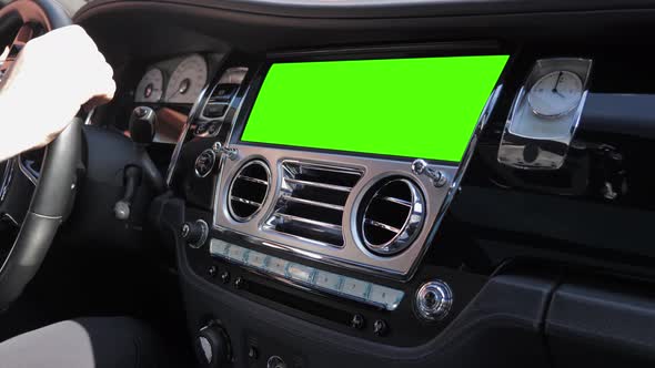 Auto Luxury Car Steering Wheel Dashboard with Green Screen Monitor ...