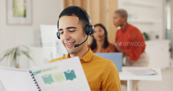 Man, telemarketing agent and working with documents for customer ...