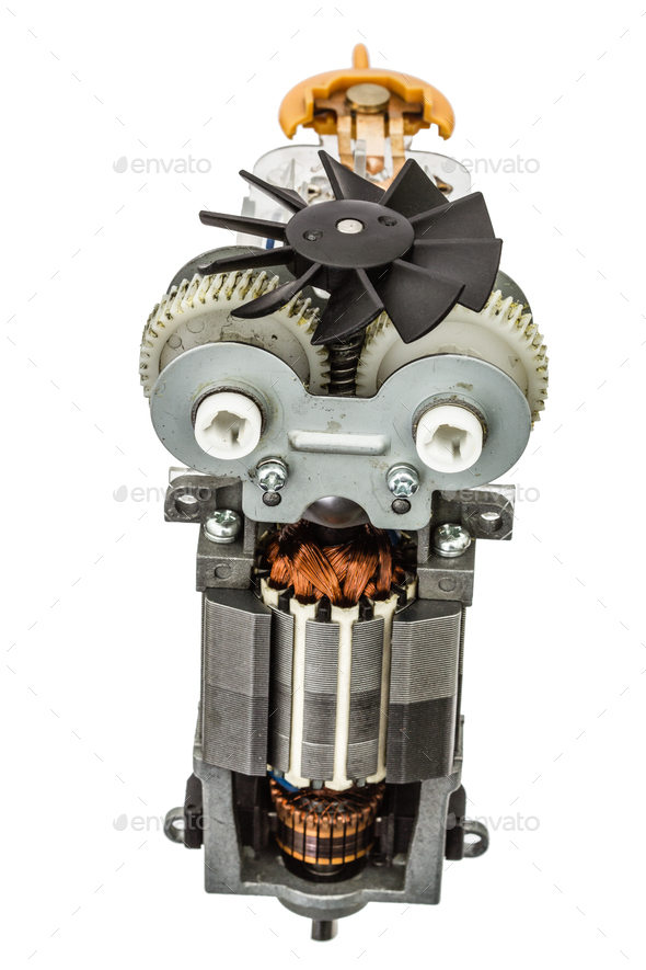 Small electric motor with fan, isolated on white background Stock Photo ...