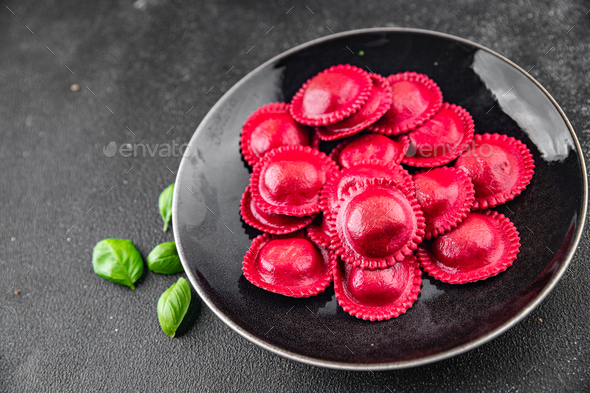 ravioli red color beet dye radicchio and meat filling smoked ham ...