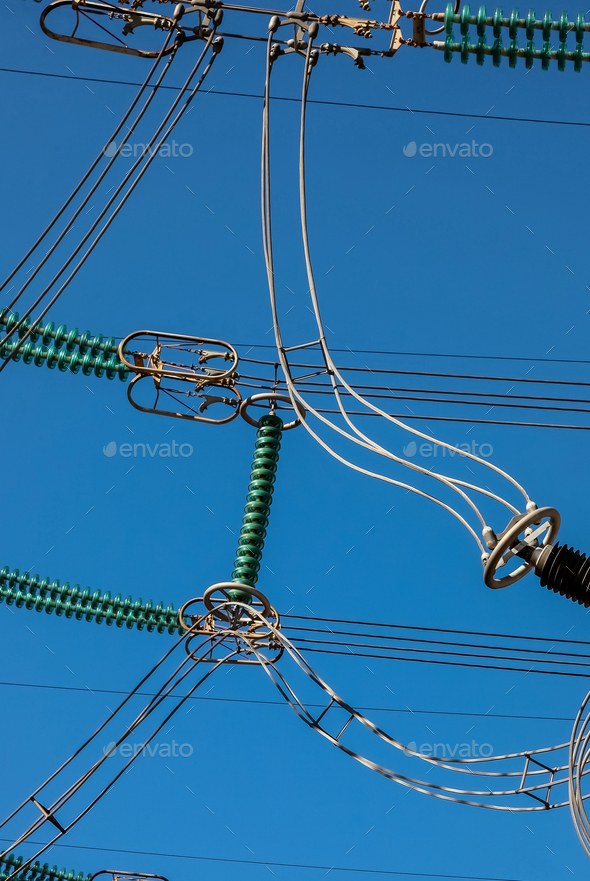 Vertical shot of electricity generation and distribution wires on ...