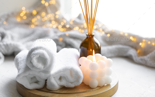 Christmas spa composition on a blurred background with bokeh lights ...