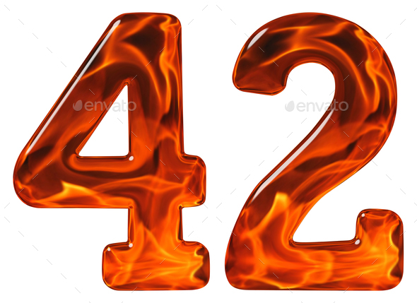42, forty two, numeral, imitation glass and a blazing fire, isolated on ...