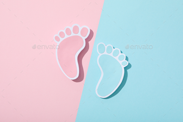 Paper feet on blue and pink background, top view Stock Photo by ...