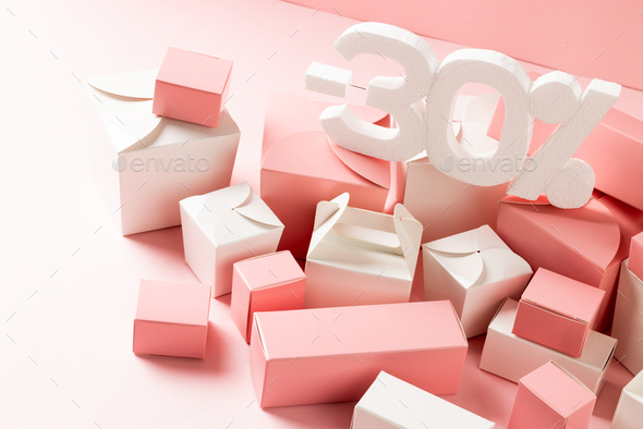 Composition of -30 percent text and boxes on white background Stock ...