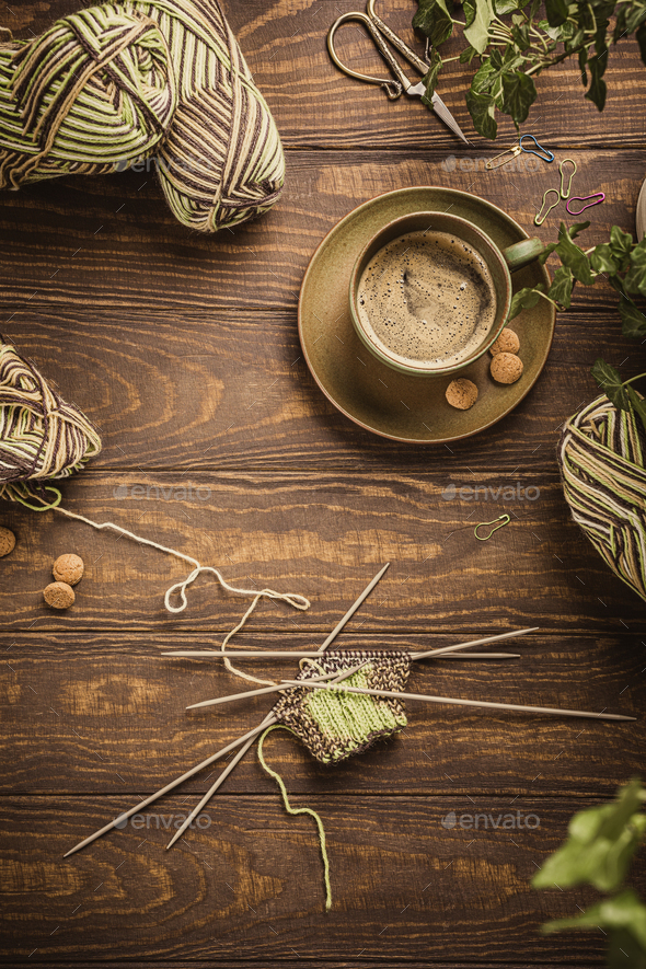 Female hobby knitting. Knitting project in progress Stock Photo by Merinka