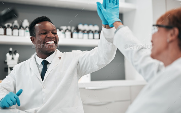 Scientist teamwork, man and woman with high five, laboratory and smile ...