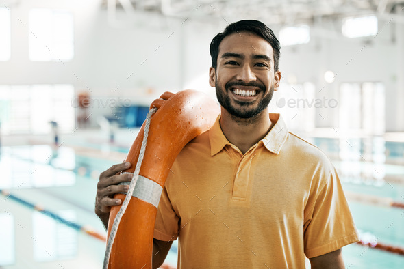 Lifeguard portrait, swimming pool and happy man with safety lifebuoy ...