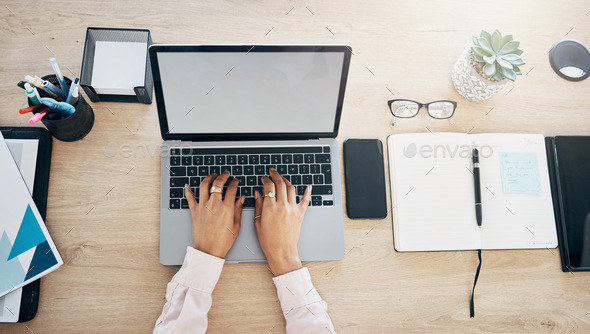 Laptop screen, secretary hands and person typing administration work ...