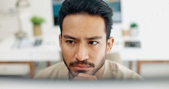 Asian man, face thinking and idea with computer, planning and ...