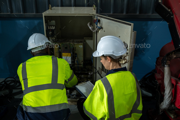 Electrical engineer installations wires on relay protection system at ...