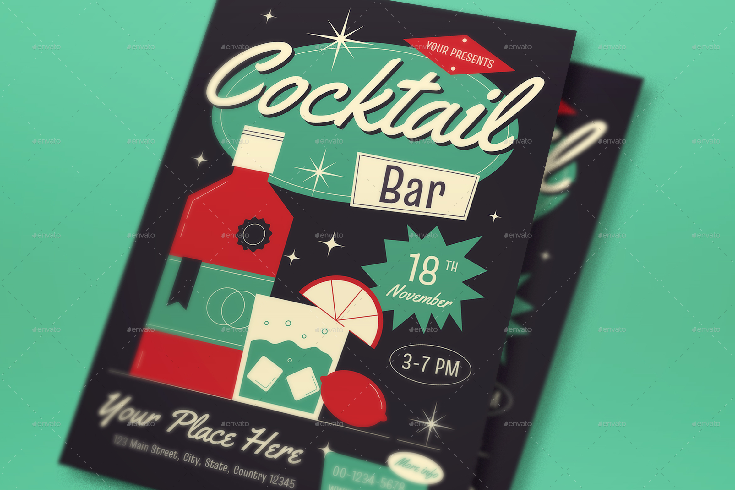 Black Mid Century Cocktail Bar Flyer Set, Print Templates | GraphicRiver